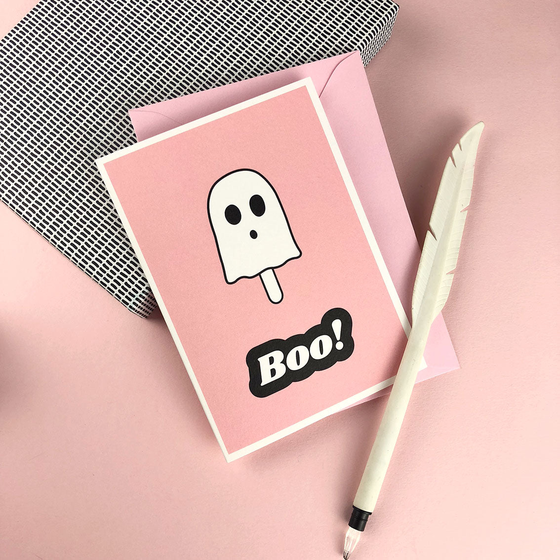 BOO ghost halloween greetings card; pink | Doodlemoo